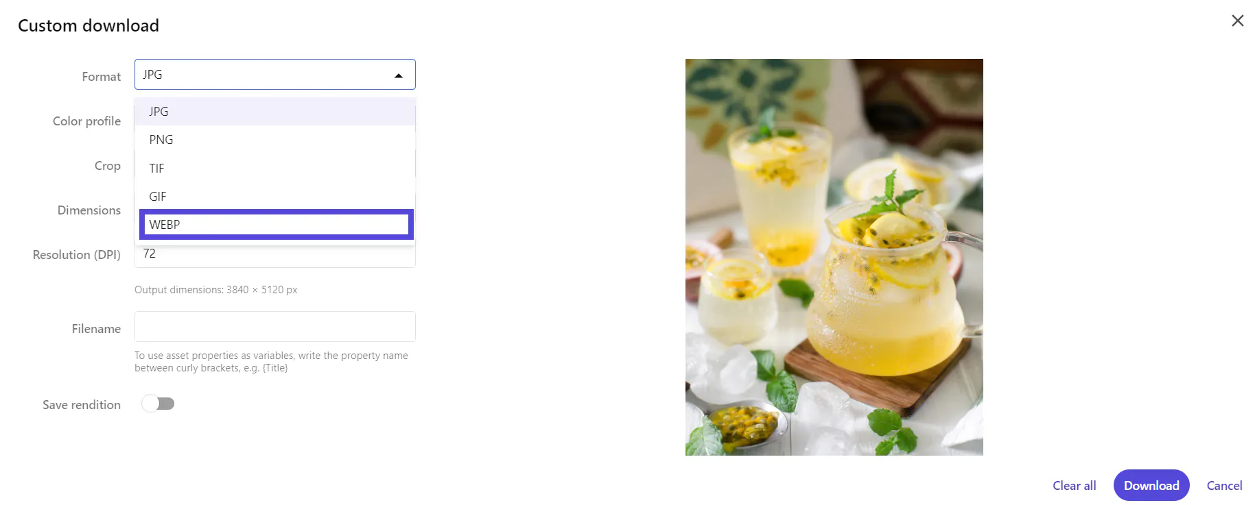 Webp supported in image file conversion | Content Hub Changelog | Sitecore Developer Portal