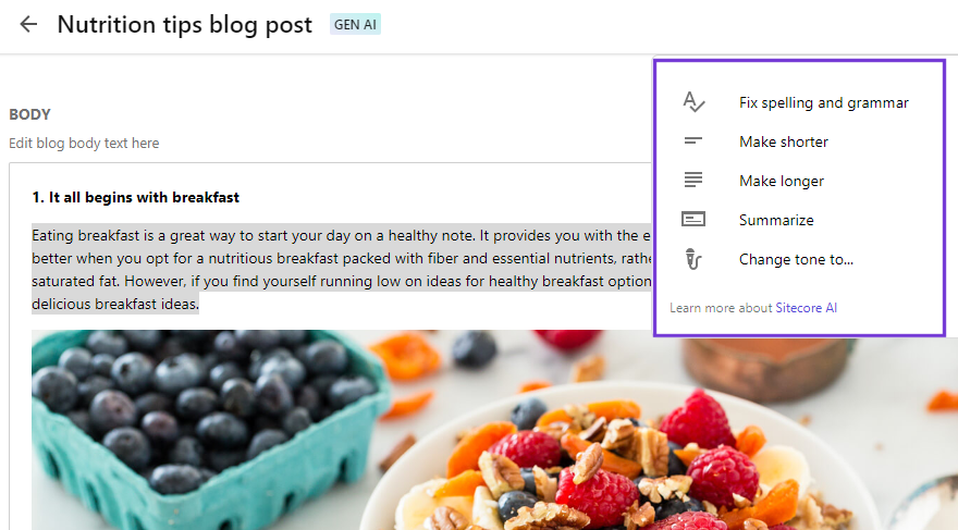 Early access - AI-assisted content generation in Content Hub | Content Hub Changelog | Sitecore ...